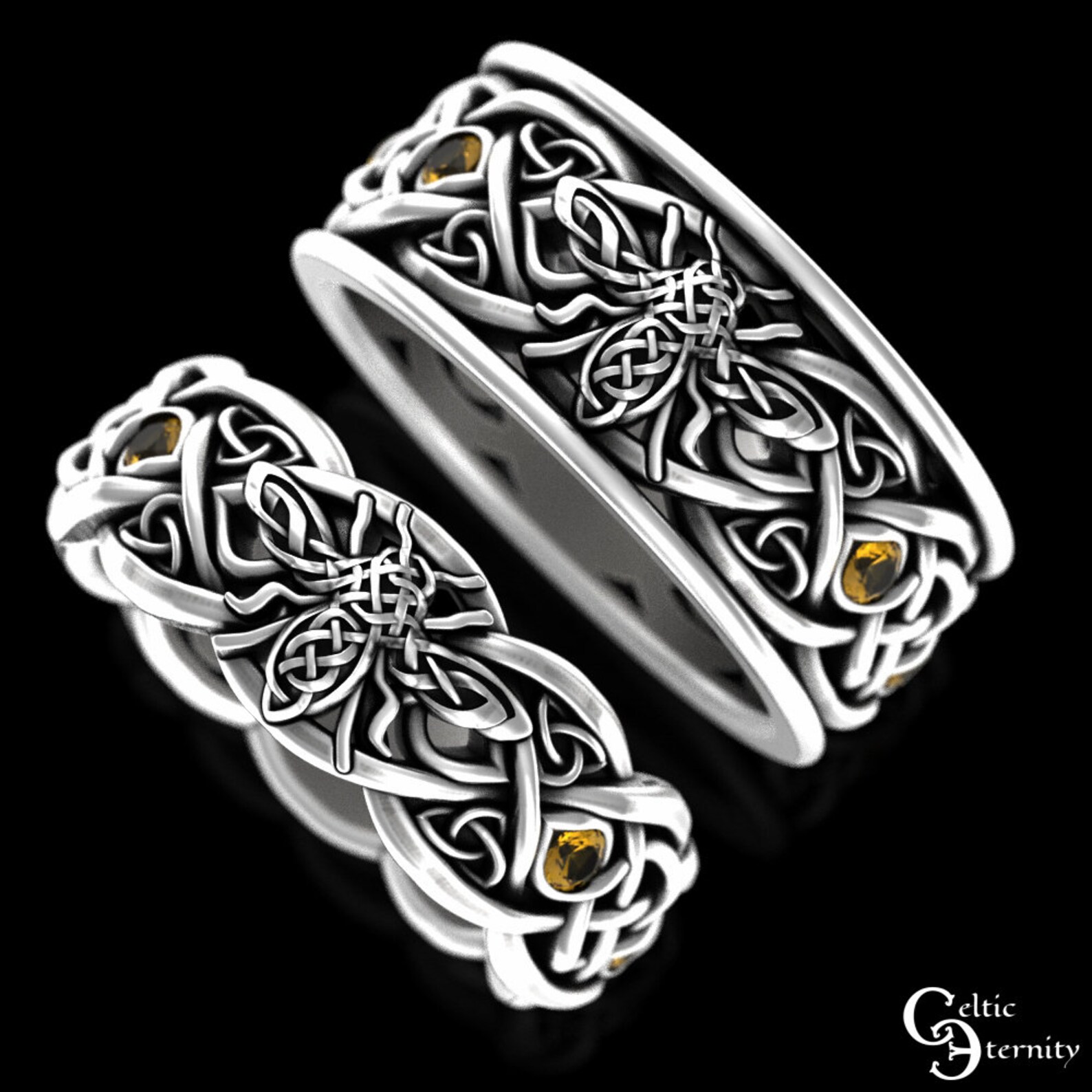 Yellow Bumblebee His Hers Wedding Bands, Sterling & Yellow Sapphire ...