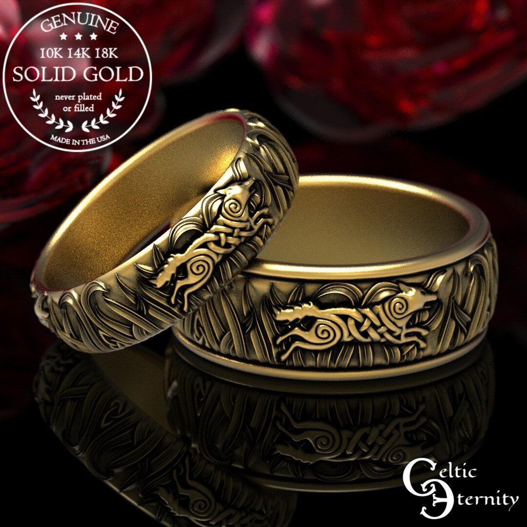 Matching Wolf Rings, 10K Celtic Wolf Ring Set, Gold Celtic Matching ...