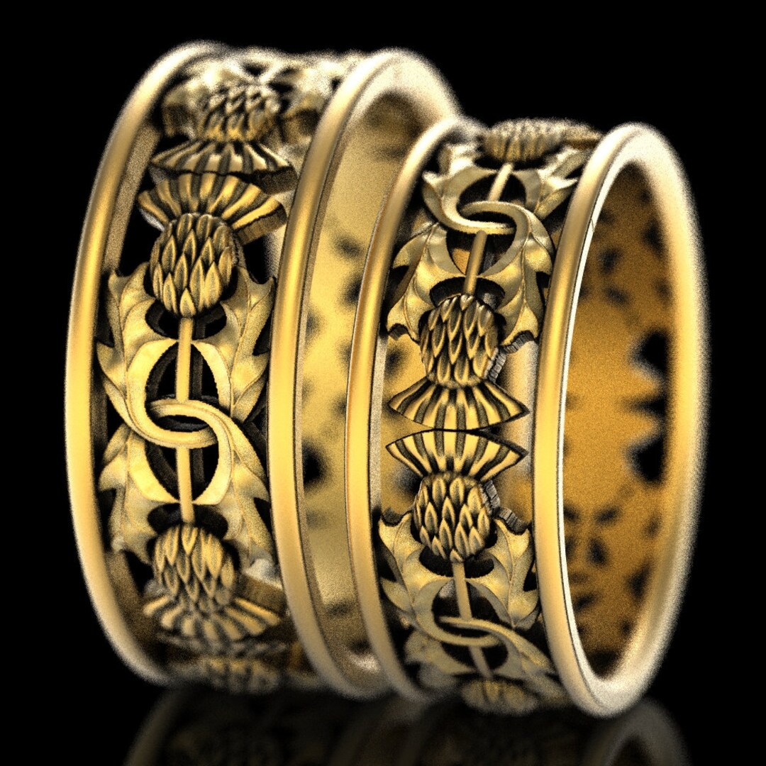 Thistle Ring Set of 2 Gold Rings, 10K 14K or 18K Scottish Ring, Unique ...