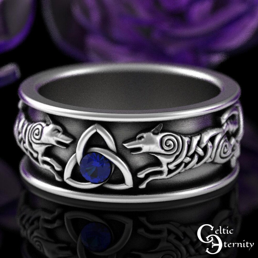 Blue Sapphire Wolf Ring, Sterling Wolf Celtic Ring, Running Wolves ...