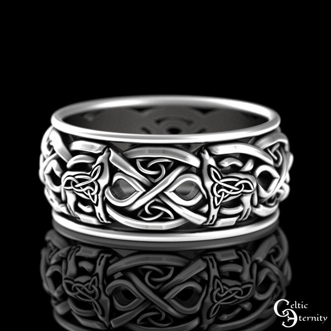 Sterling Silver Norse Wolf Wedding Band, Mens Nordic Wolf Wedding Ring ...