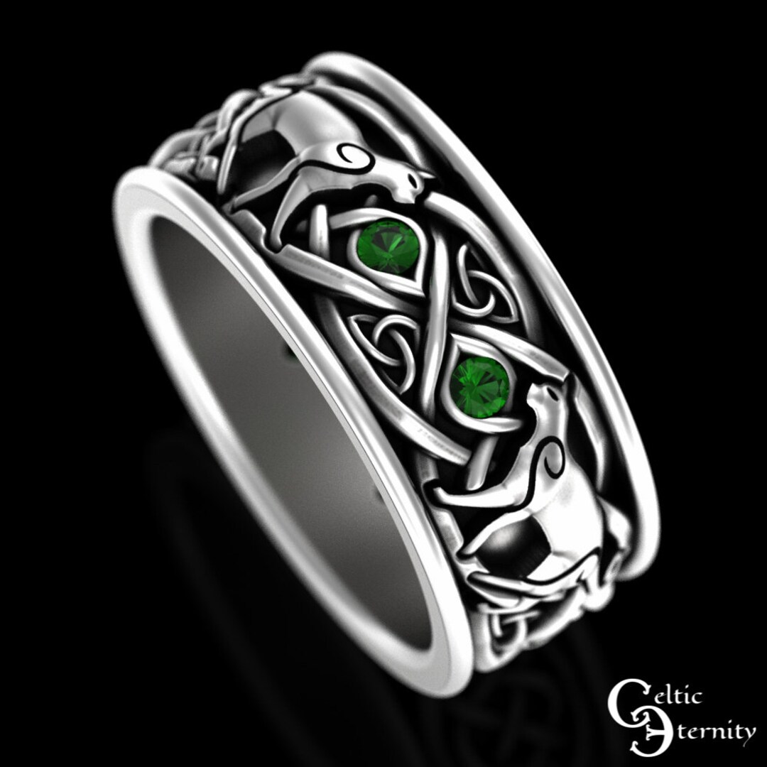 Emerald Irish Cat Ring, Mens Cat Wedding Band, Sterling Silver Celtic ...