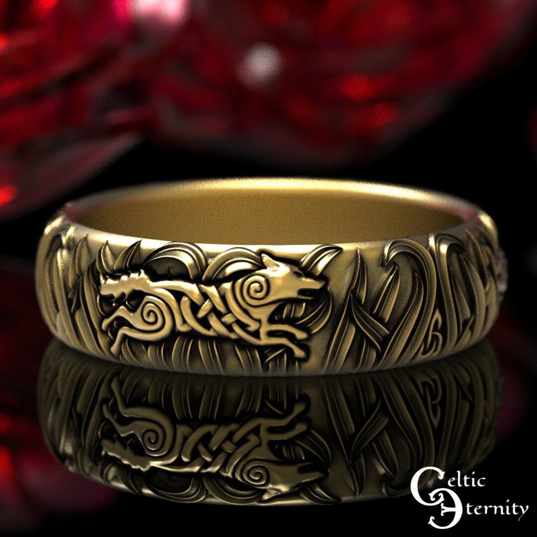 Gold Celtic Wolf Ring, Womens Wolf Wedding Ring, 10K Wolf Wedding Band ...