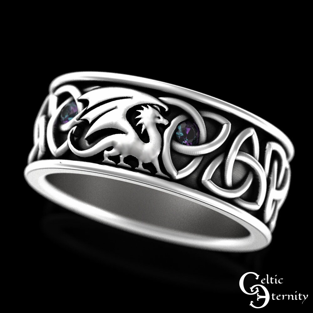 Alexandrite Welsh Dragon Ring, Sterling Mens Dragon Wedding Band ...