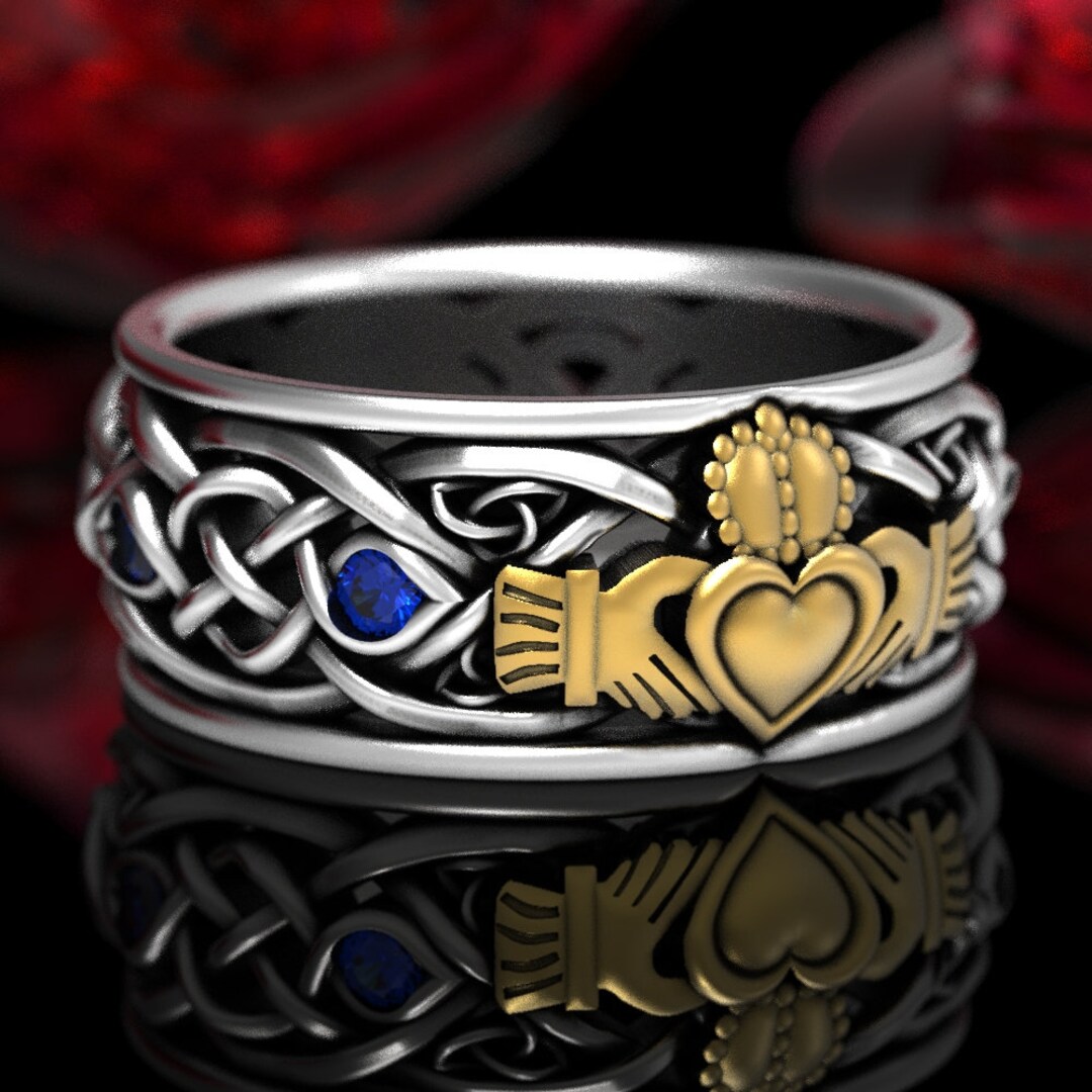 Silver & 10K Gold Men Celtic Claddagh Ring With Sapphire, 2tone ...