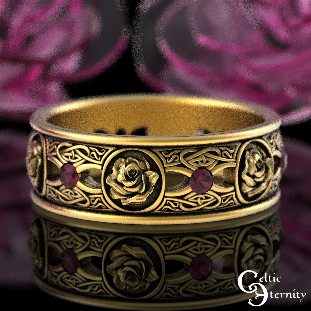 Ruby Rose Wedding Ring, Gold Celtic Rose Ring, 10K Ruby Irish Rose ...
