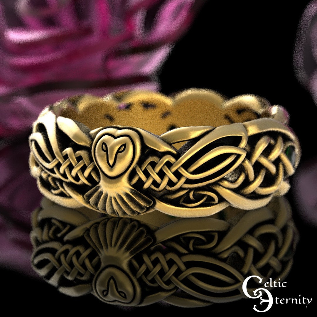 Emerald Owl Gold Wedding Band, 10K Celtic Owl Ring, 14K Owl Wedding ...