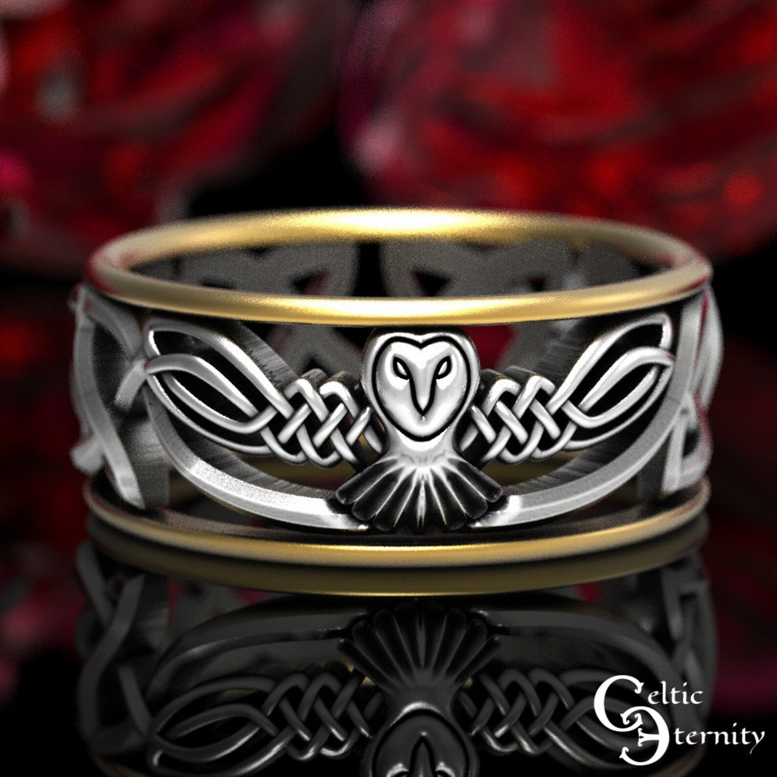 Matching 2 Tone Ring Set Celtic Wedding Rings Gold Owl Ring | Etsy