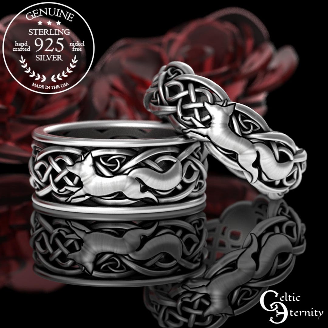 His Hers Sterling Irish Fox Ring Set, Silver Matching Foxes Wedding ...
