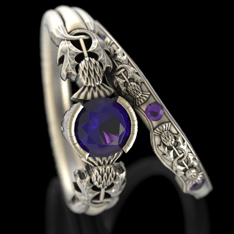 Amethyst Thistle Ring Sterling Engagement Ring Set Scottish - Etsy