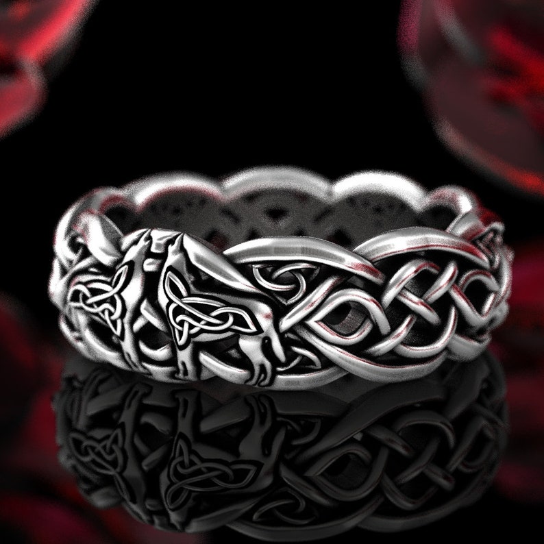 Celtic Wolf Ring Sterling Silver Wolves Celtic Wedding Band - Etsy