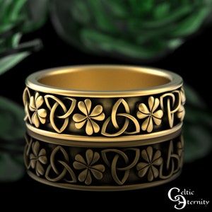Mens Gold 4 Leaf Clover & Irish Trinity Ring, 14K Celtic Clover Wedding ...