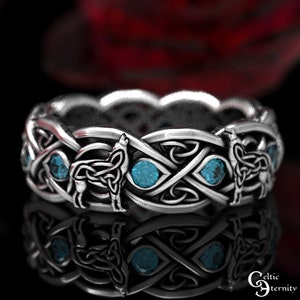 His & Hers Sterling Silver Celtic Wolf Ring Set, Blue Spinel Wedding Set, Eternity Band Celtic ...