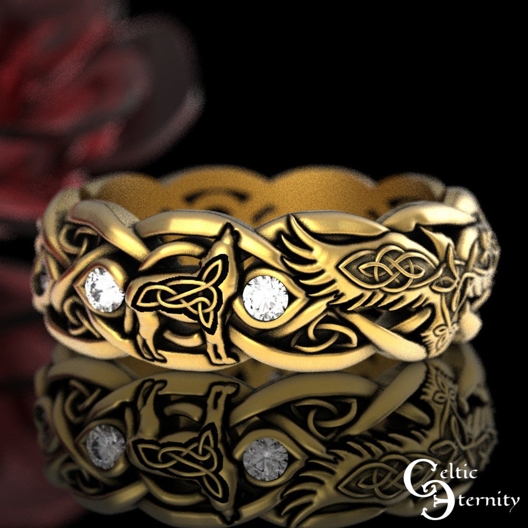 10K Gold Raven Wolves Ring, Womens Moissanite Gold Wedding Ring, Womens ...