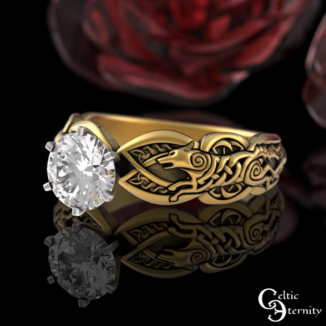 Gold or Platinum Wolf Norse Engagement Ring, Moissanite Viking Wolves ...