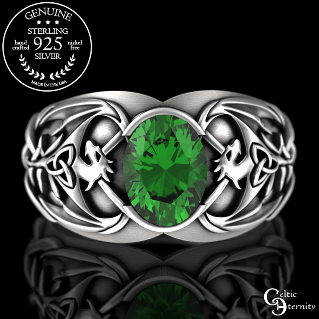 Sterling Silver & Emerald Dragon Ring, Celtic Gemstone Draconid Ring ...