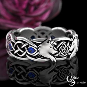 Womens Sapphire Wolf Ring, Sterling Celtic Wedding Band, Silver ...