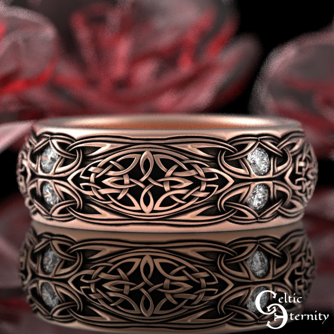 Mens Rose Gold Wedding Ring, Mens Moissanite Gold Celtic Ring, 10K Rose ...