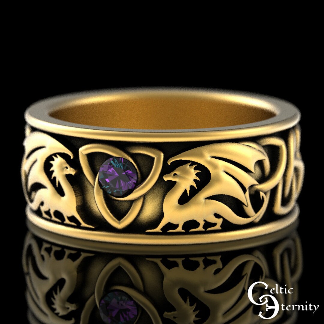 10K Gold Dragon Wedding Band, Alexandrite Men's Wedding Ring, 14K Gold ...