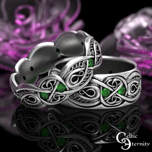 Gold Emerald Celtic Matching Rings, Infinity Wedding Band Set, Gold ...