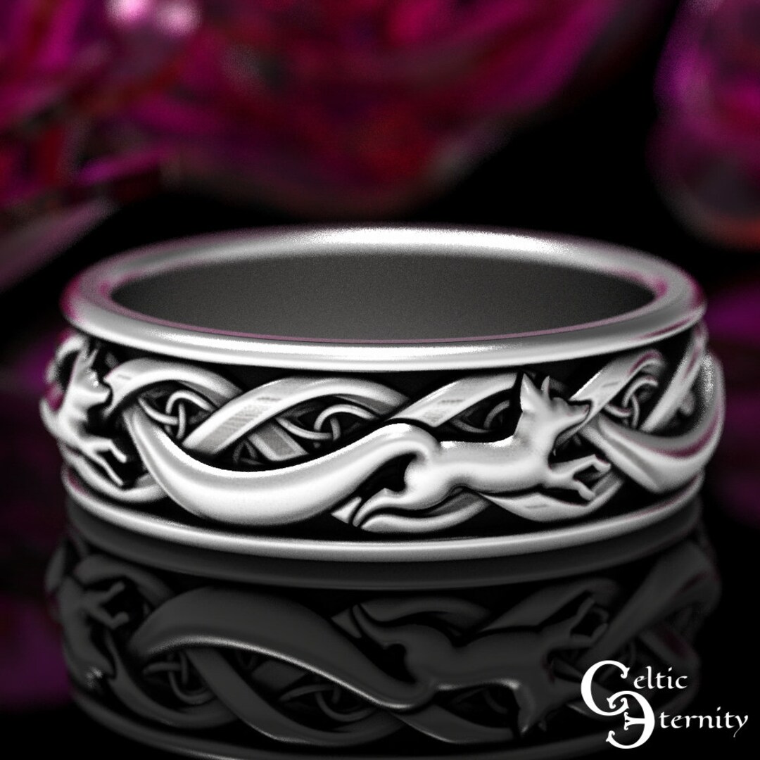Mens Sterling Fox Ring, Celtic Fox Wedding Band, Mens Celtic Animal ...