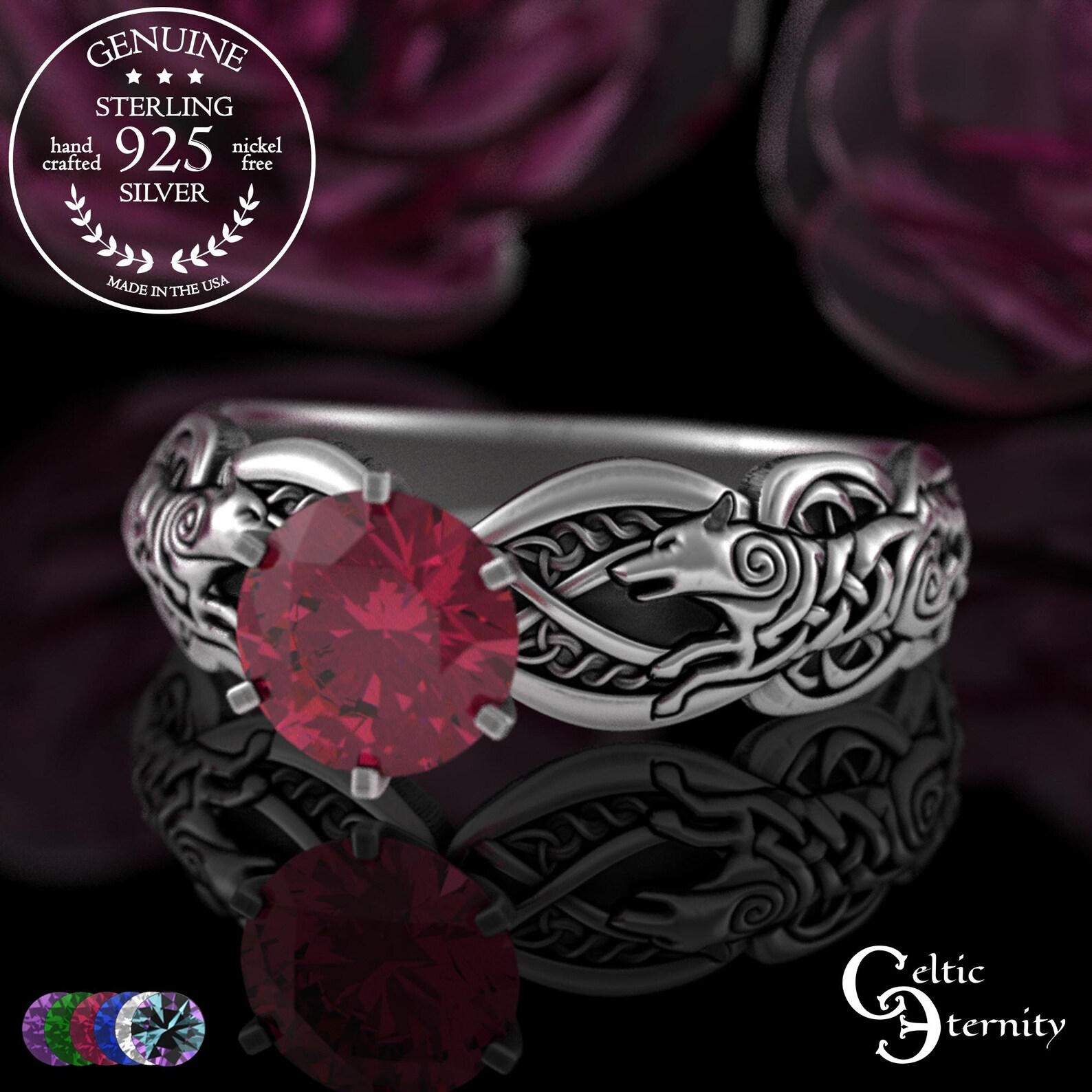 Sterling Celtic Wolf Engagement Ring, Moissanite Wolves Viking ...