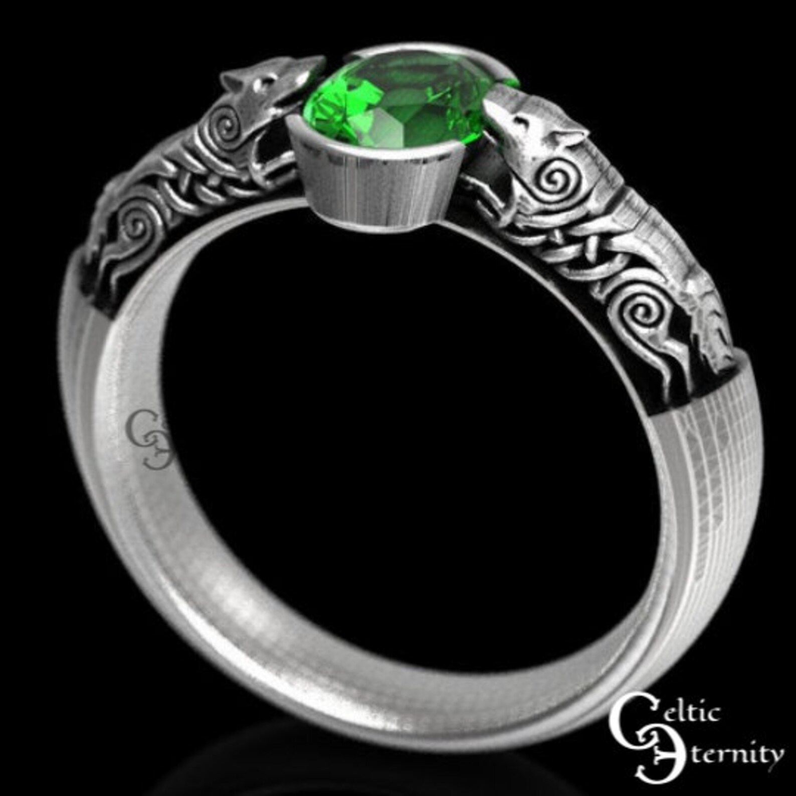 Celtic Wolf Ring With Emerald Solitaire Emerald Engagement - Etsy