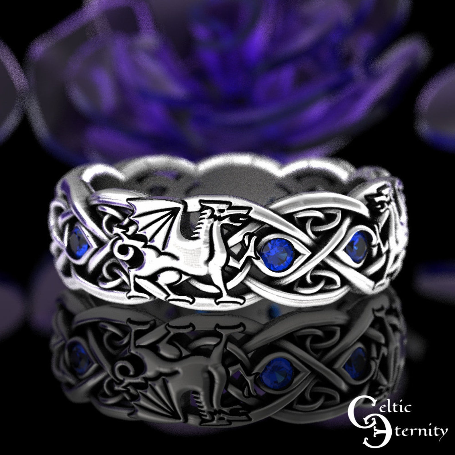 Sterling Double Dragon Ring With Sapphire, Sapphire Dragon Ring ...