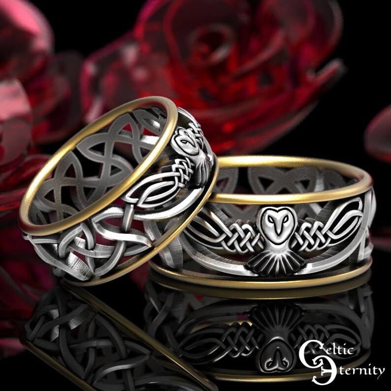 Matching 2 Tone Ring Set Celtic Wedding Rings Gold Owl Ring | Etsy