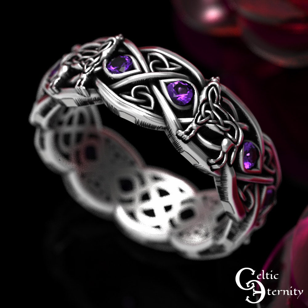 Amethyst Wolf Wedding Ring, Sterling Silver Wolf Ring, Wolf Wedding ...