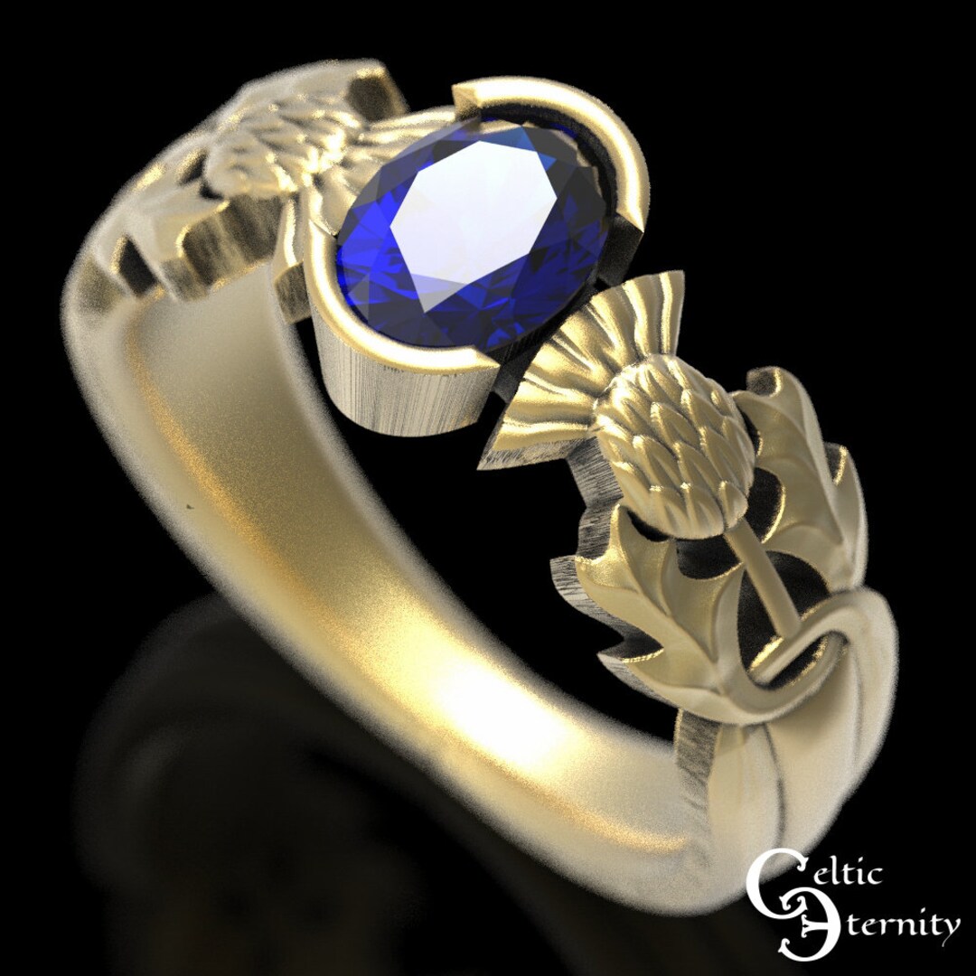 Gold Sapphire Thistle Ring, 10K Thistle Engagement Ring, 14K Scottish ...