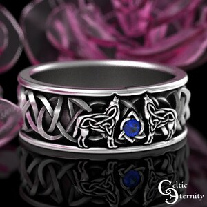 Mens Blue Sapphire Wolf Wedding Ring, Sterling Silver Nordic Wolves ...
