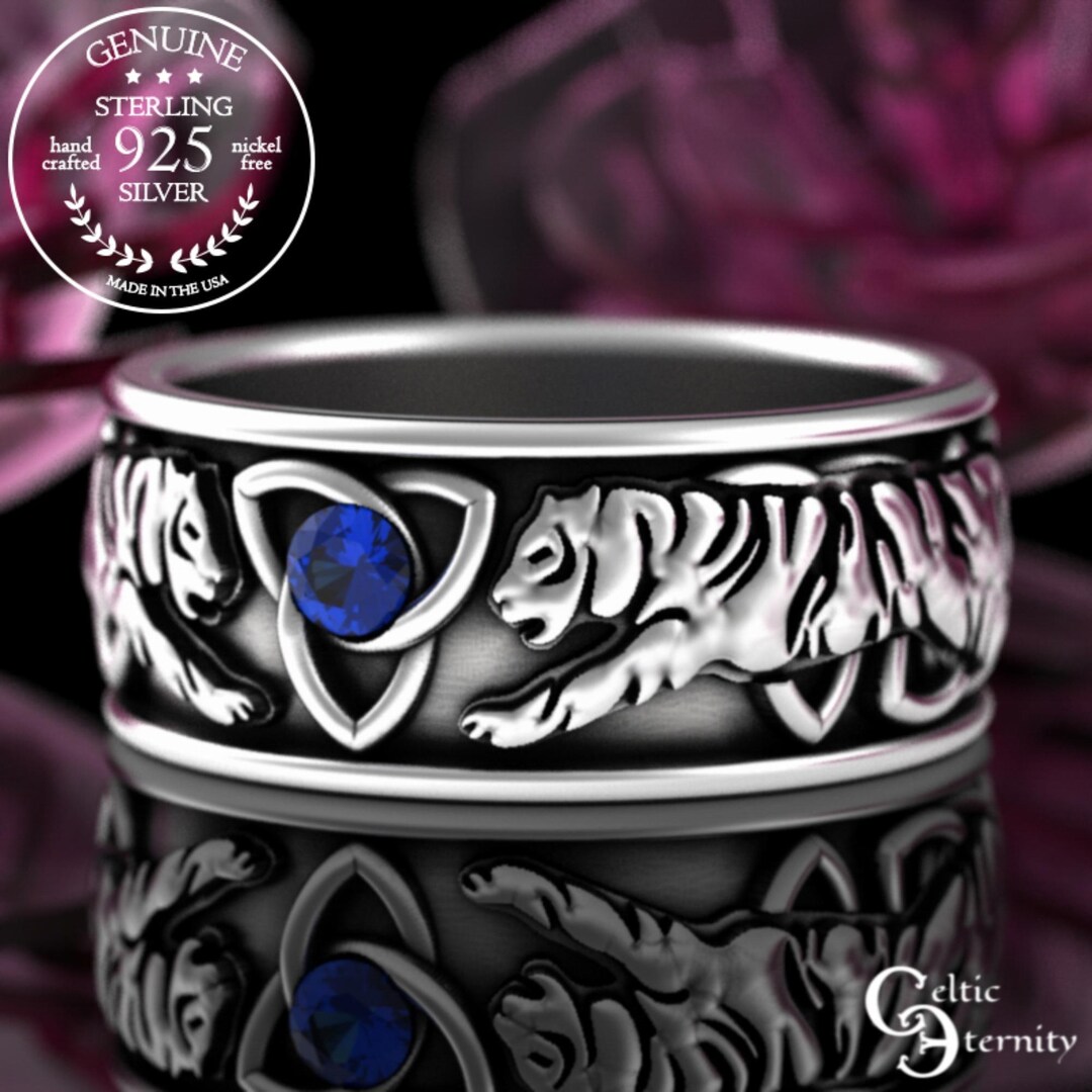 Sapphire Tiger Wedding Band, Sterling Statement Ring, Jungle Ring ...