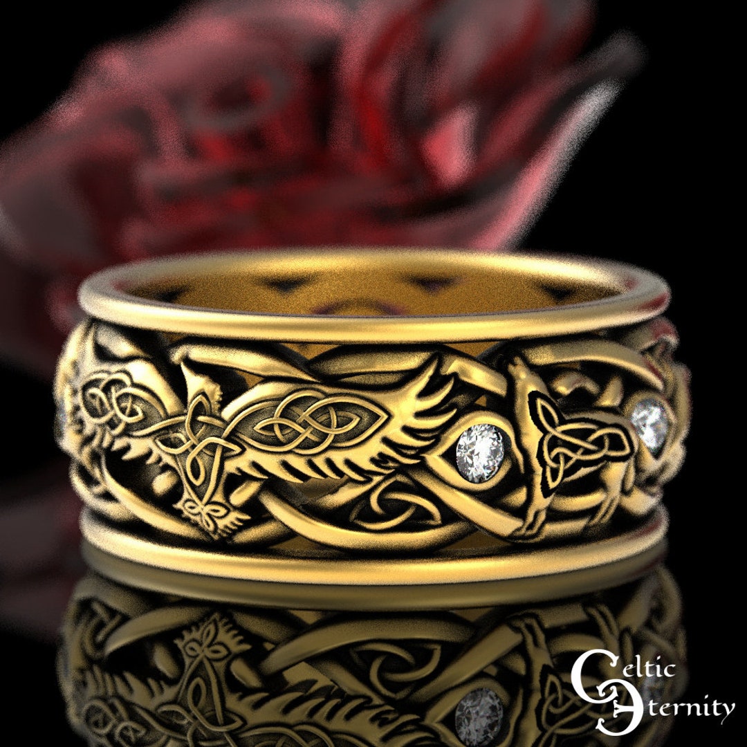Mens Gold Raven Wolves Ring, Moissanite Gold Wedding Ring, 10K Gold ...