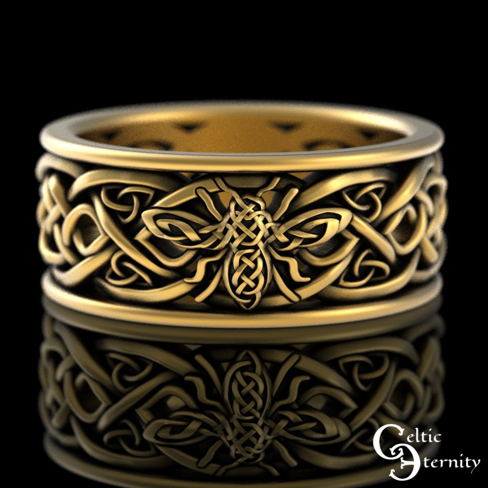 Mens 10K Gold Bee Wedding Band, Irish Bee Wedding Ring, 14K Honeybee ...