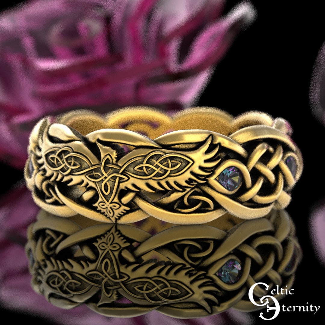 Womens Raven Wedding Band, 10K Gold Raven Ring, Alexandrite Gold ...