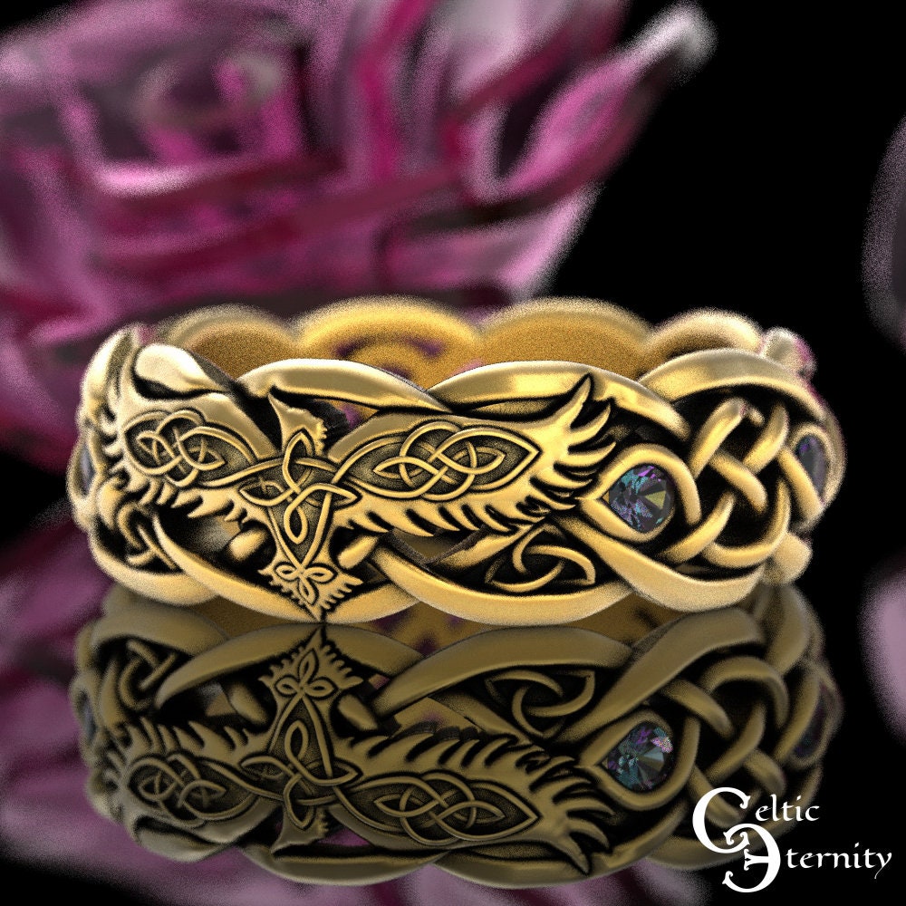 Womens Raven Wedding Band, 10K Gold Raven Ring, Alexandrite Gold ...