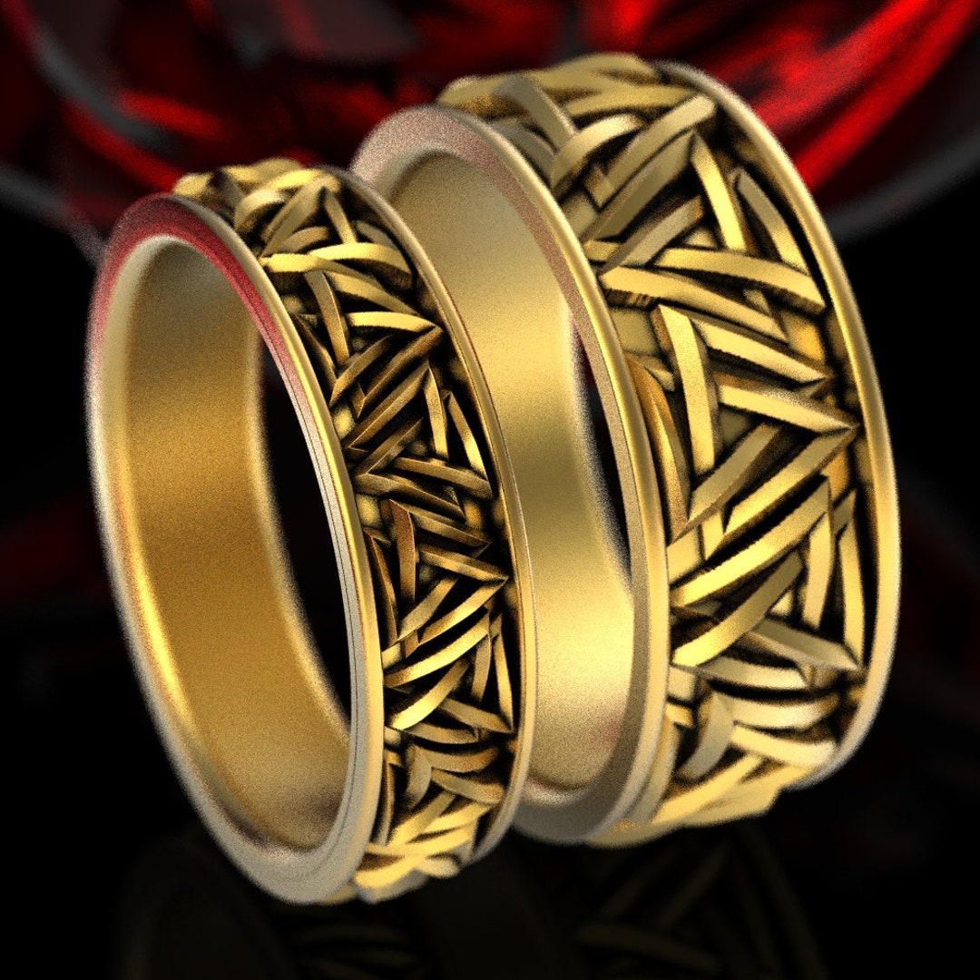 Gold Valknut Knot Ring Set, Matching Viking Wedding Bands, 10K 14K 18K ...