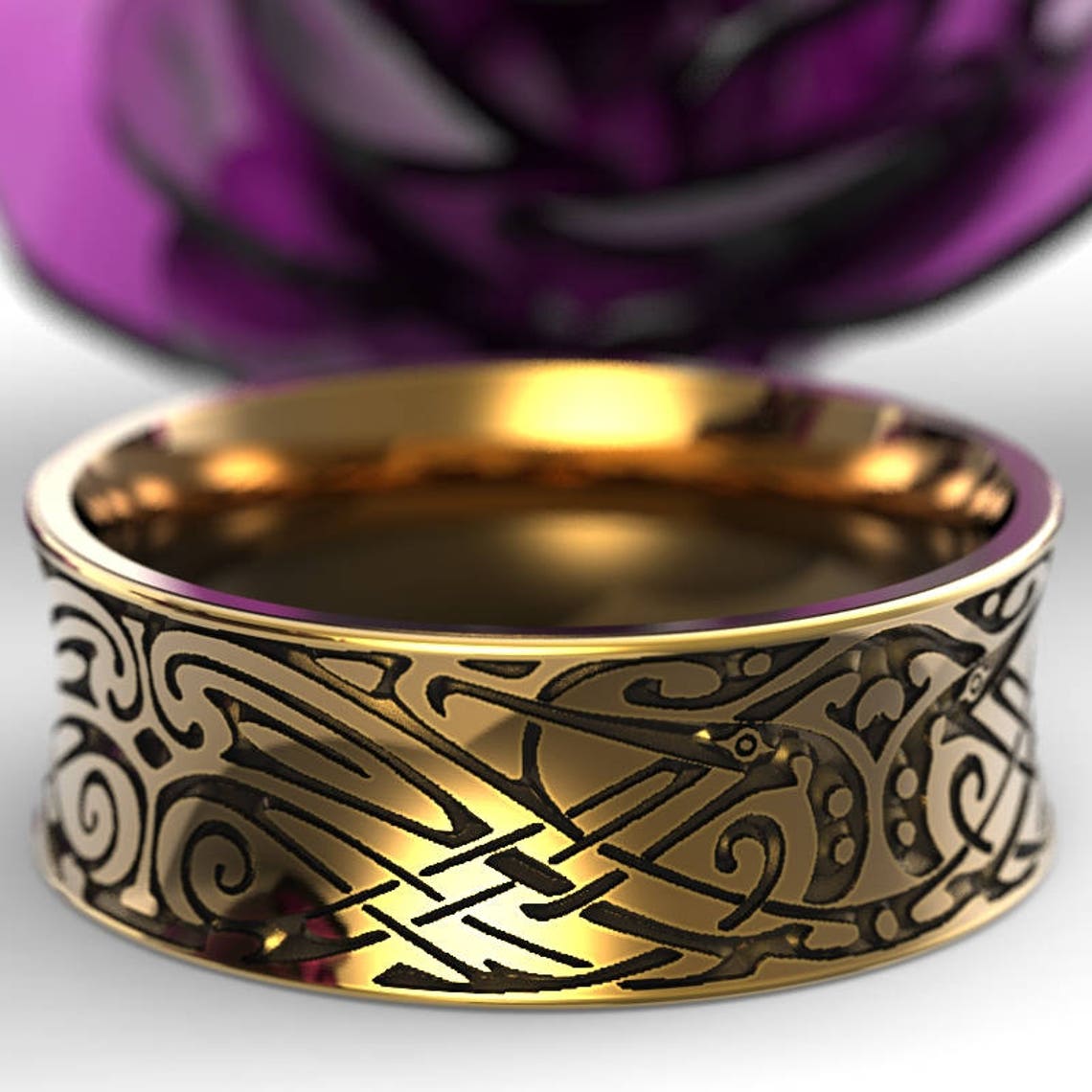 Gold Engraved Norse Ring Bird Wedding Ring Wide Viking Band - Etsy