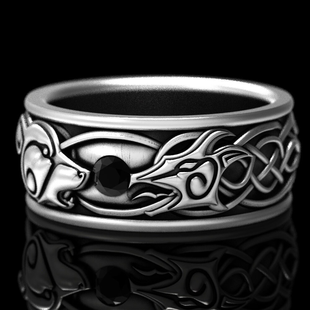 RESERVED FOR Christina, 6 Payments Custom Wolf and Dragon Wedding Ring ...