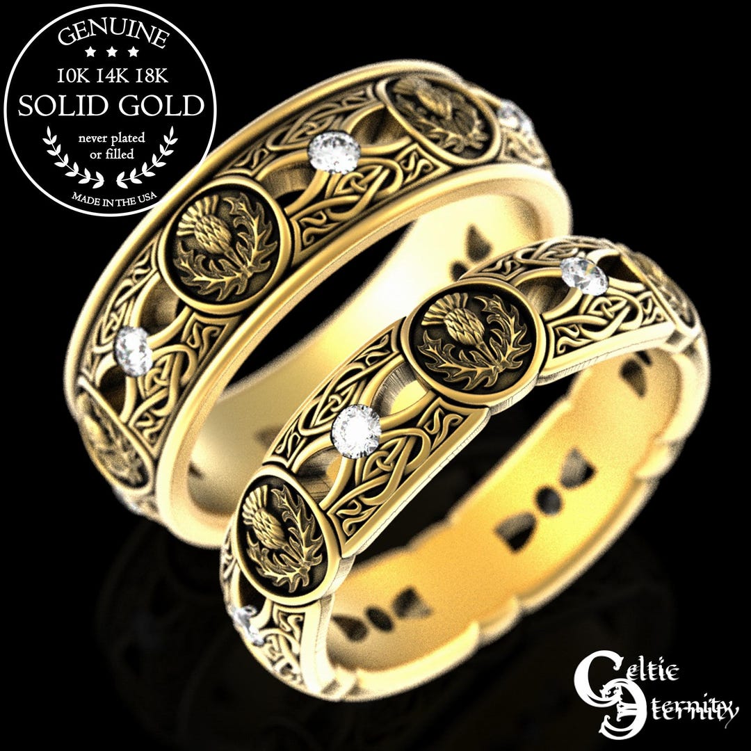 Moissanite & Gold Irish Thistle Rings, Gold Scottish Wedding Ring Set ...