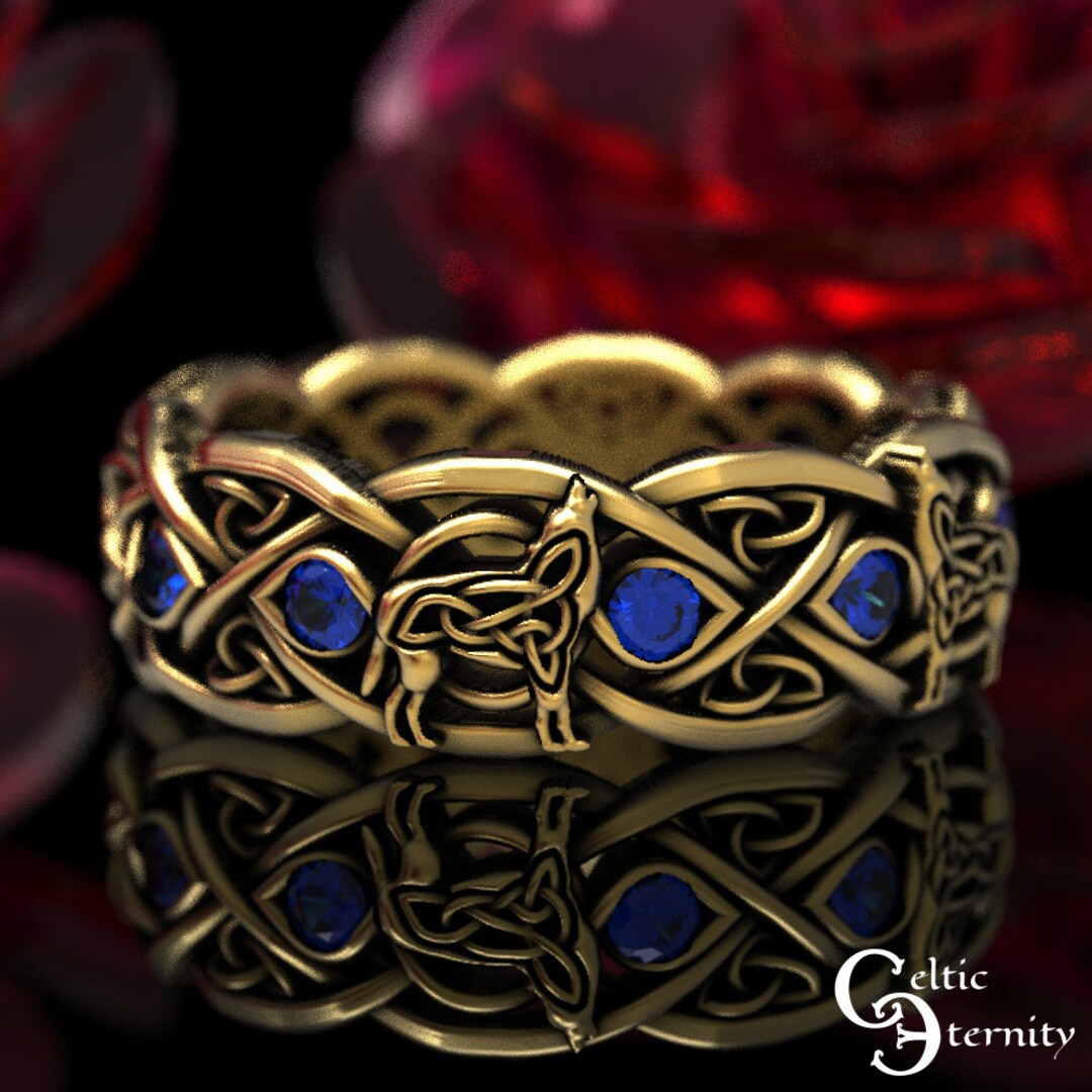 Sapphire Wolf Wedding Ring, Gold or White Gold Celtic Wolf Ring, Wolf ...