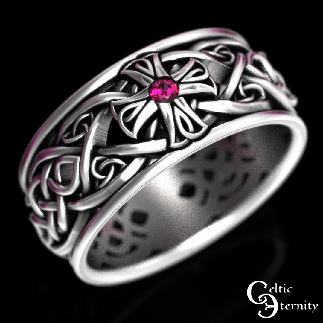 Mens Ruby Celtic Cross Ring, Irish Cross Wedding Band, Mens Silver ...