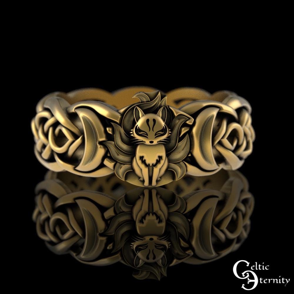 Matching Gold Kitsune Fox Wedding Ring Set, 10K 14K White Gold Celtic ...
