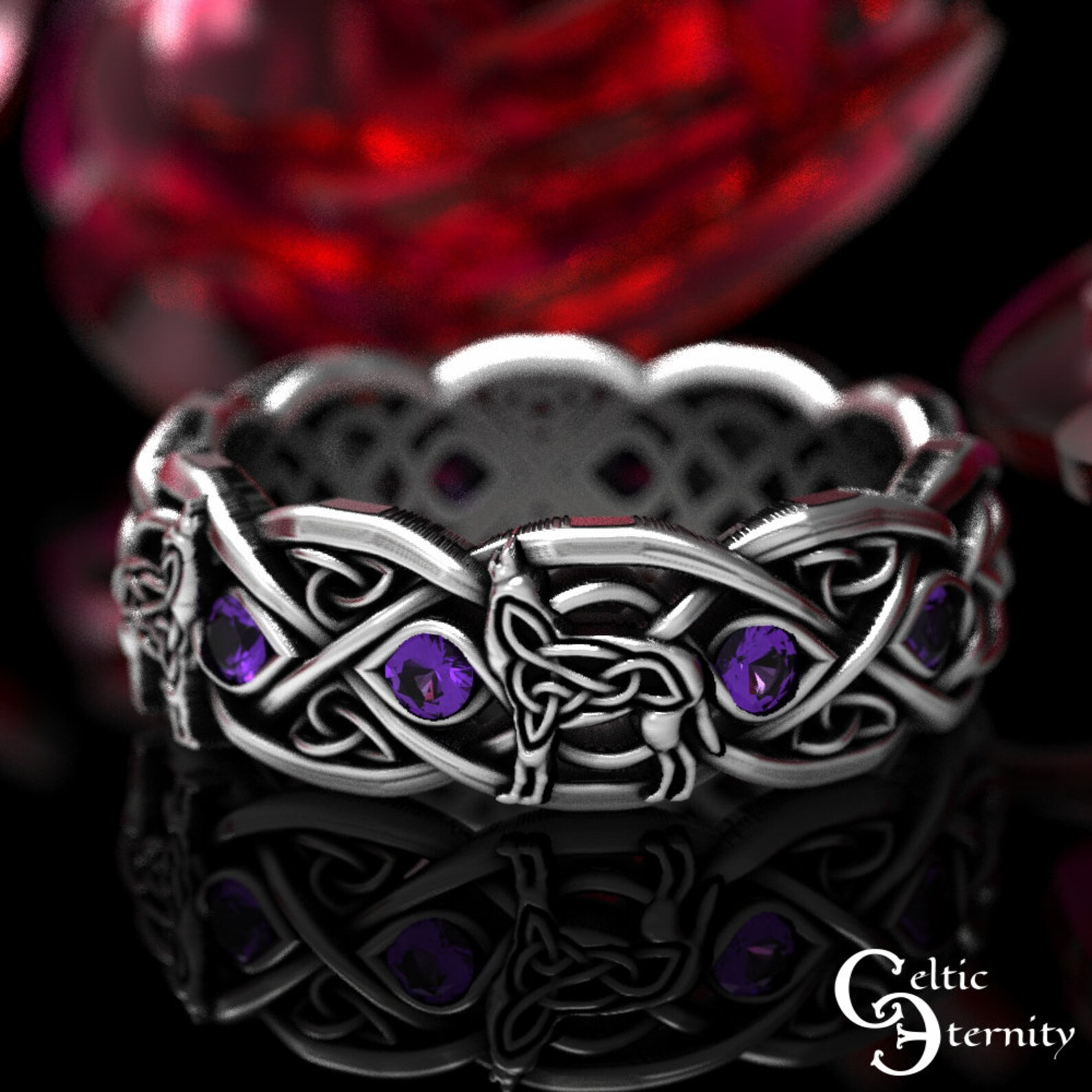 Amethyst Wolf Wedding Ring Sterling Silver Wolf Ring Wolf | Etsy