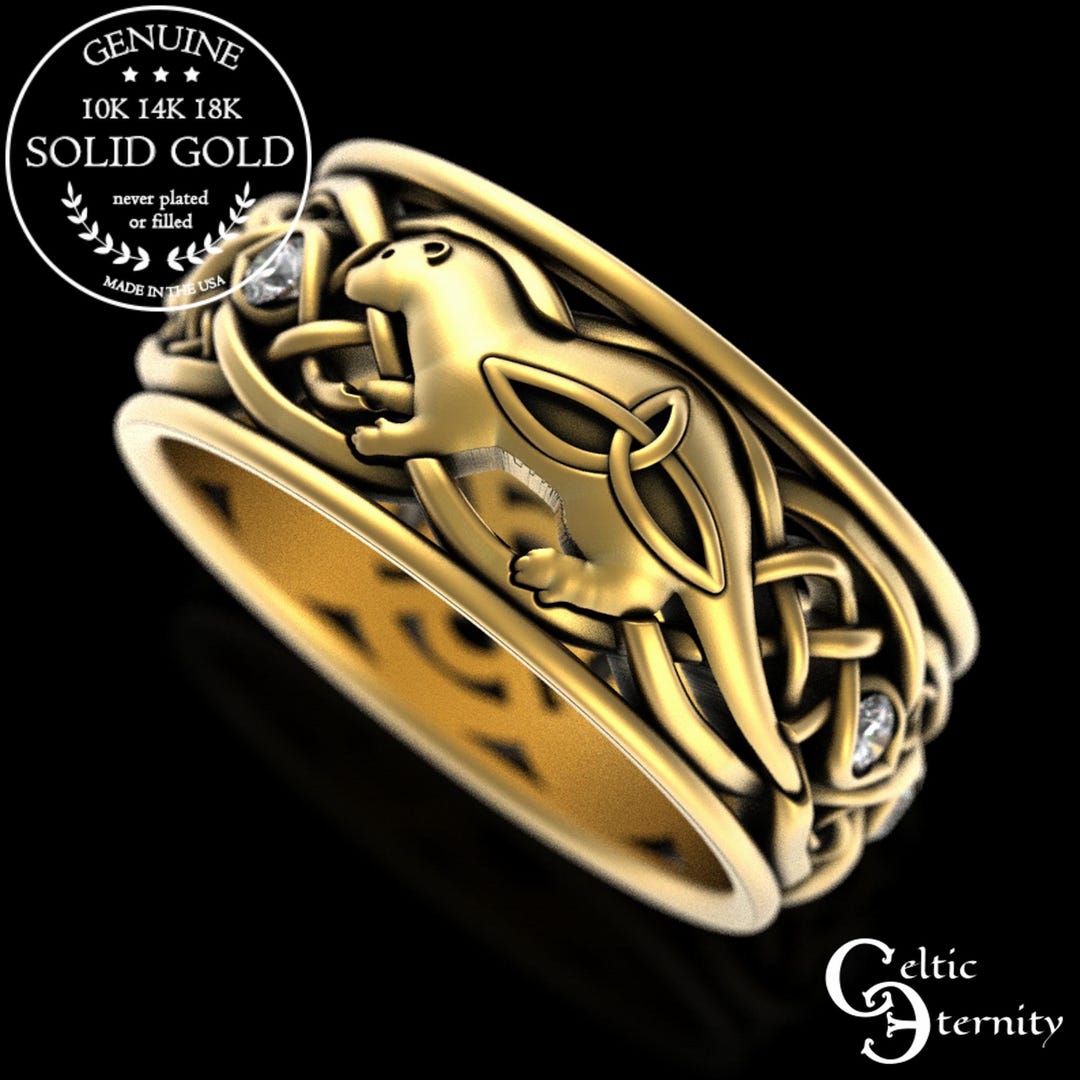 Yellow Gold Celtic Otter Ring, 10K Otter Wedding Ring, 14K Moissanite ...
