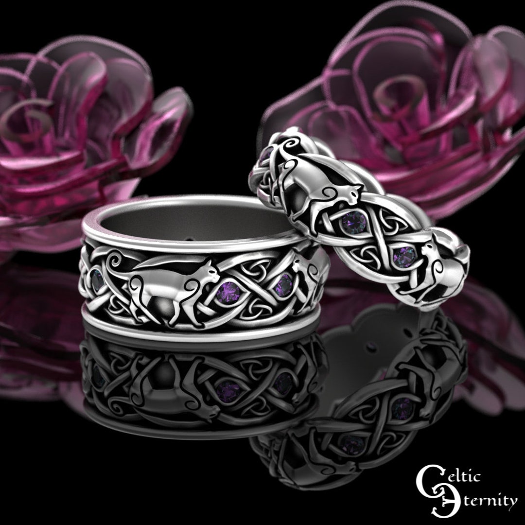 Matching Alexandrite Cat Rings, Sterling Silver Kitty Wedding Band Set, Celtic Cat Lover Rings ...