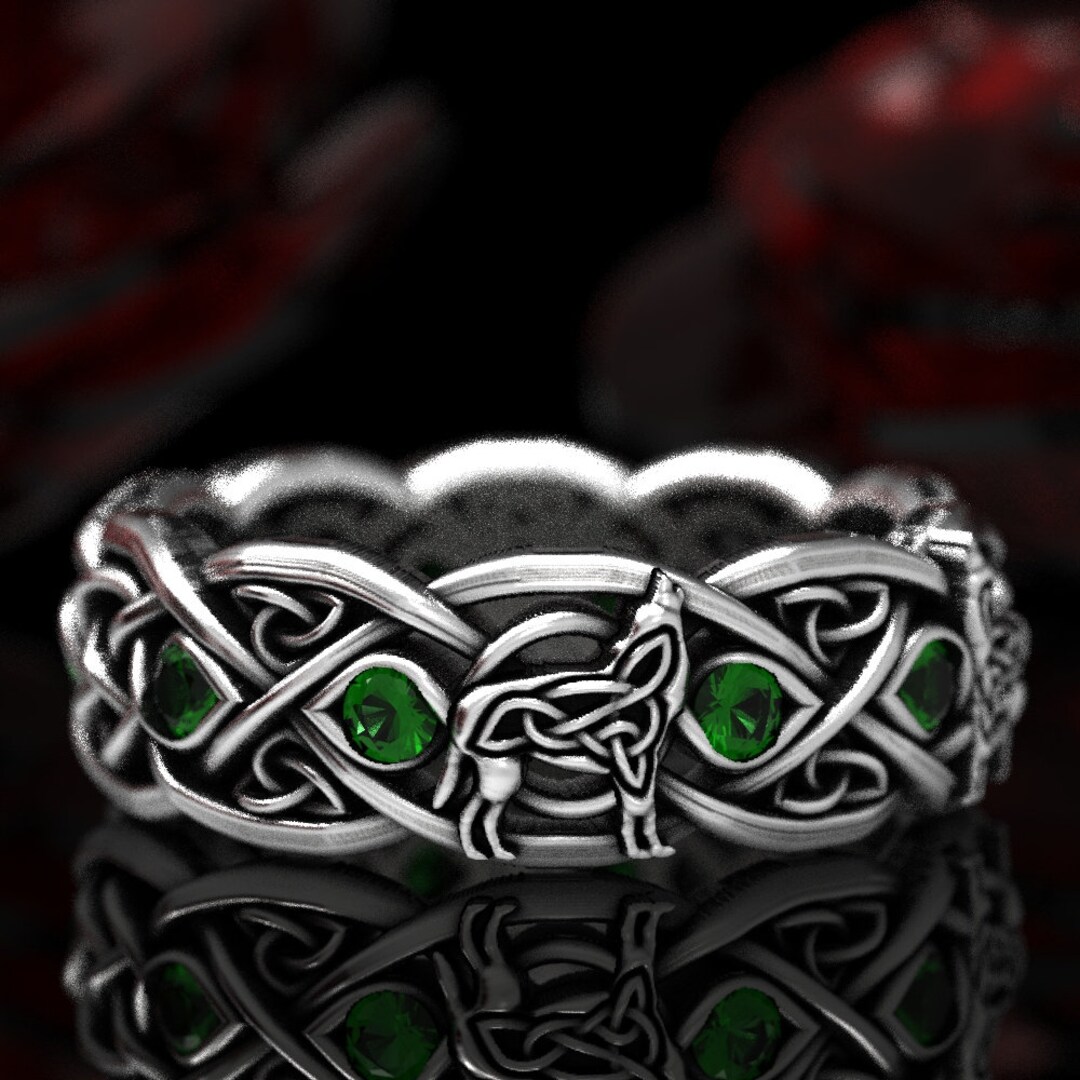 Celtic Wolf Ring, Sterling Silver & Emerald Wedding Band, Wolf Wedding ...