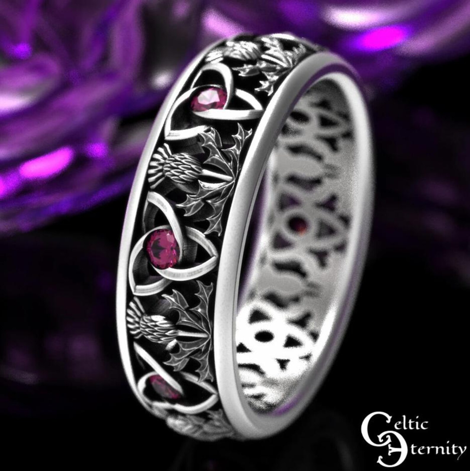 Classic Emerald Celtic Ring, Sapphire Scottish Ring, Ruby Thistle Ring ...