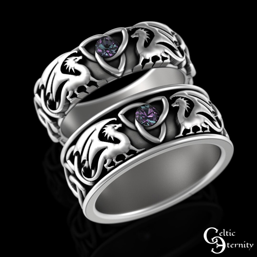Alexandrite His Hers Dragon Wedding Ring Set, Sterling Matching Norse ...
